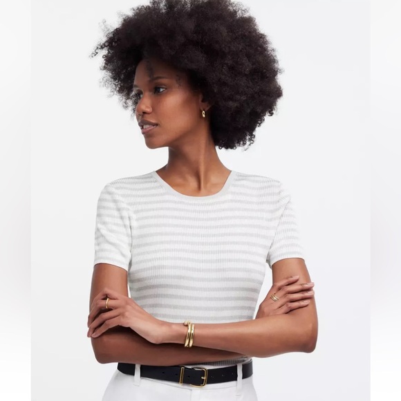 Madewell | Tops | Madewell Graywhite Striped Short Sleeve Crew Neck ...